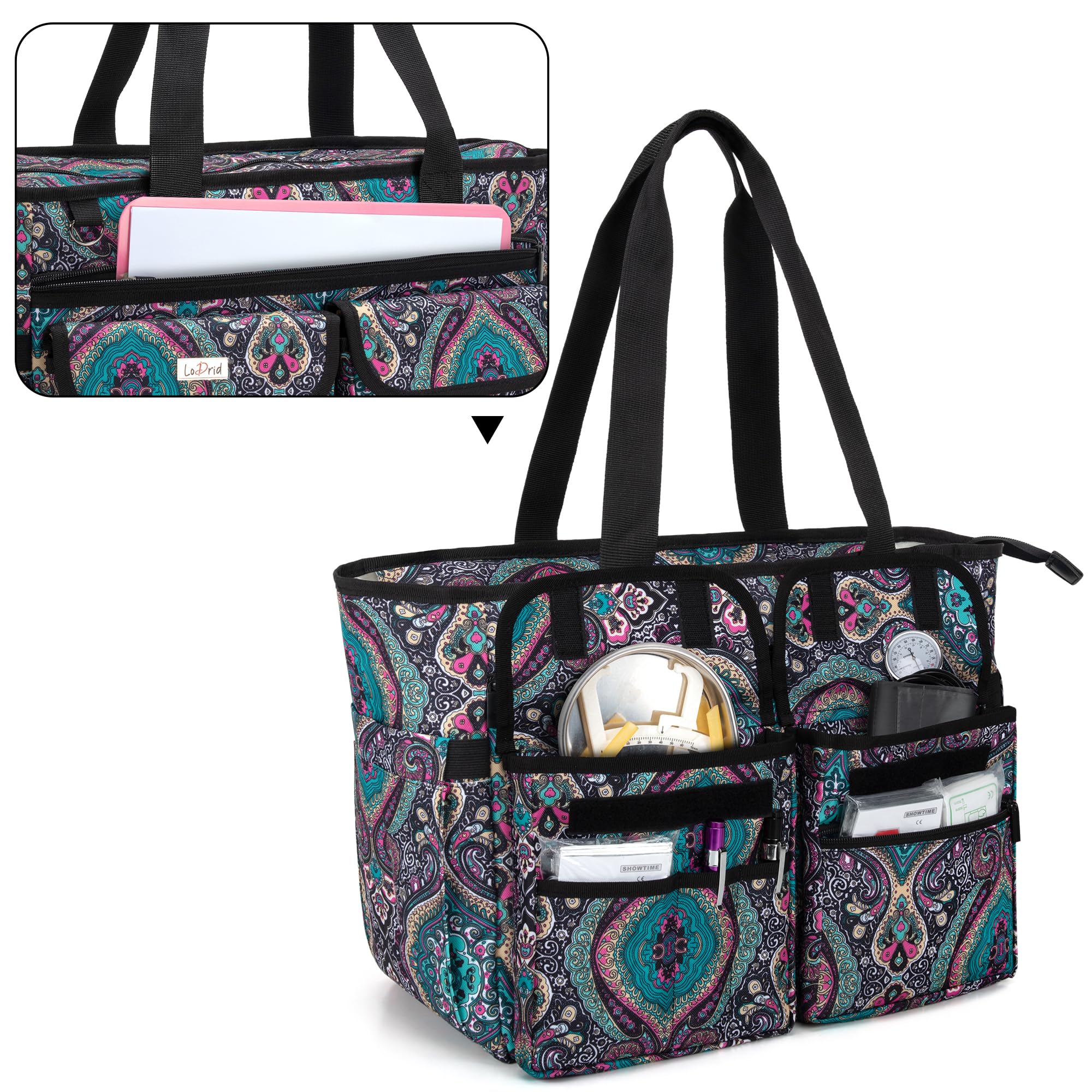 LoDrid Nurse Tote Bag with Bottom Padded Pad, Nurse Bags and Totes for Work, with Separated Storage Laptop Layer (up to 15.6 Inch), Nurse Bag with Large Compartment, Totem, Bag Only