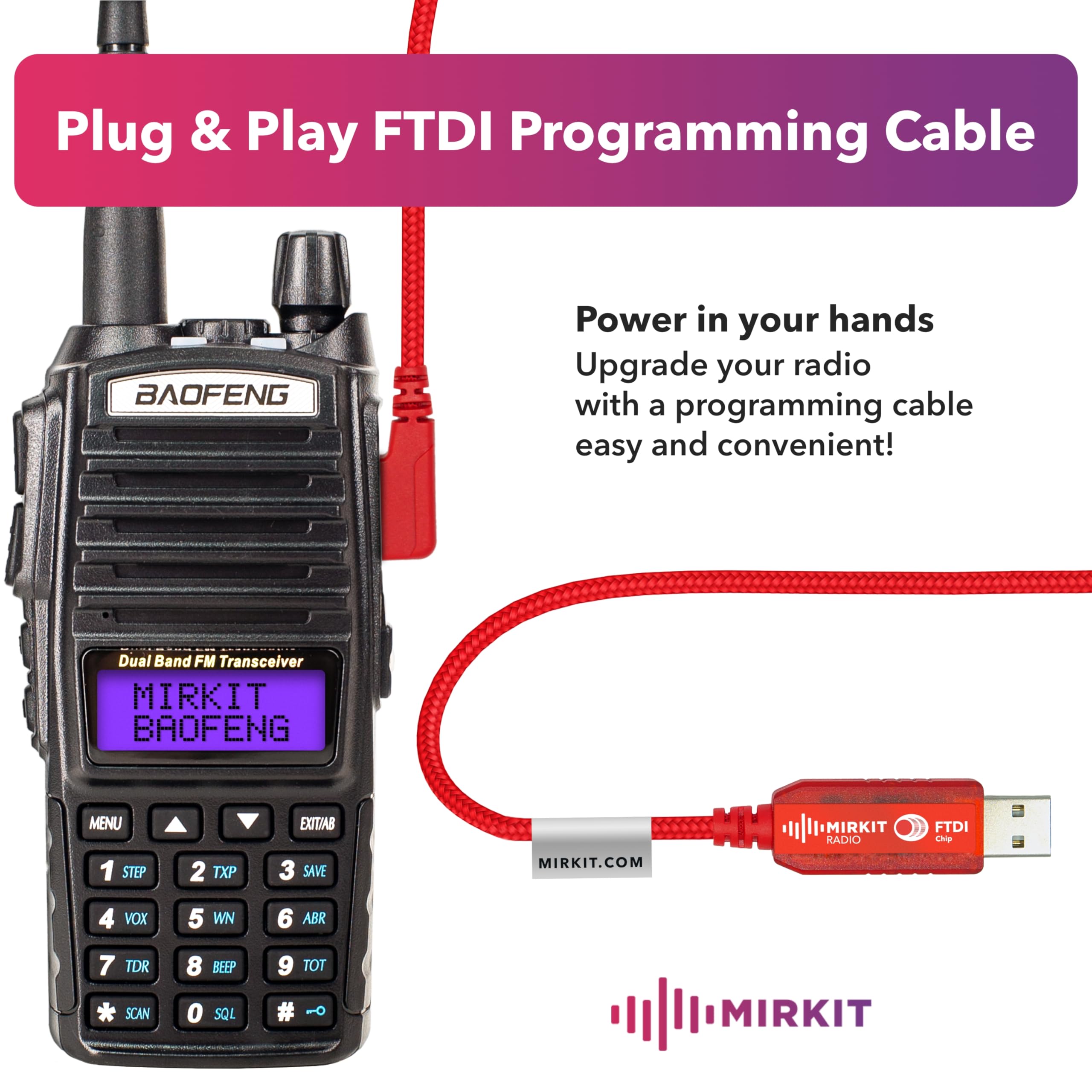 Mirkit 2Х BAOFENG UV-82 MK5 8W Max Power Ham Radio VHF/UHF 144-148/420-450MHz Walkie Talkies with 2800mAh Li-ion Baofeng Battery Pack, Baofeng Programming Cable & Mirkit Lanyards