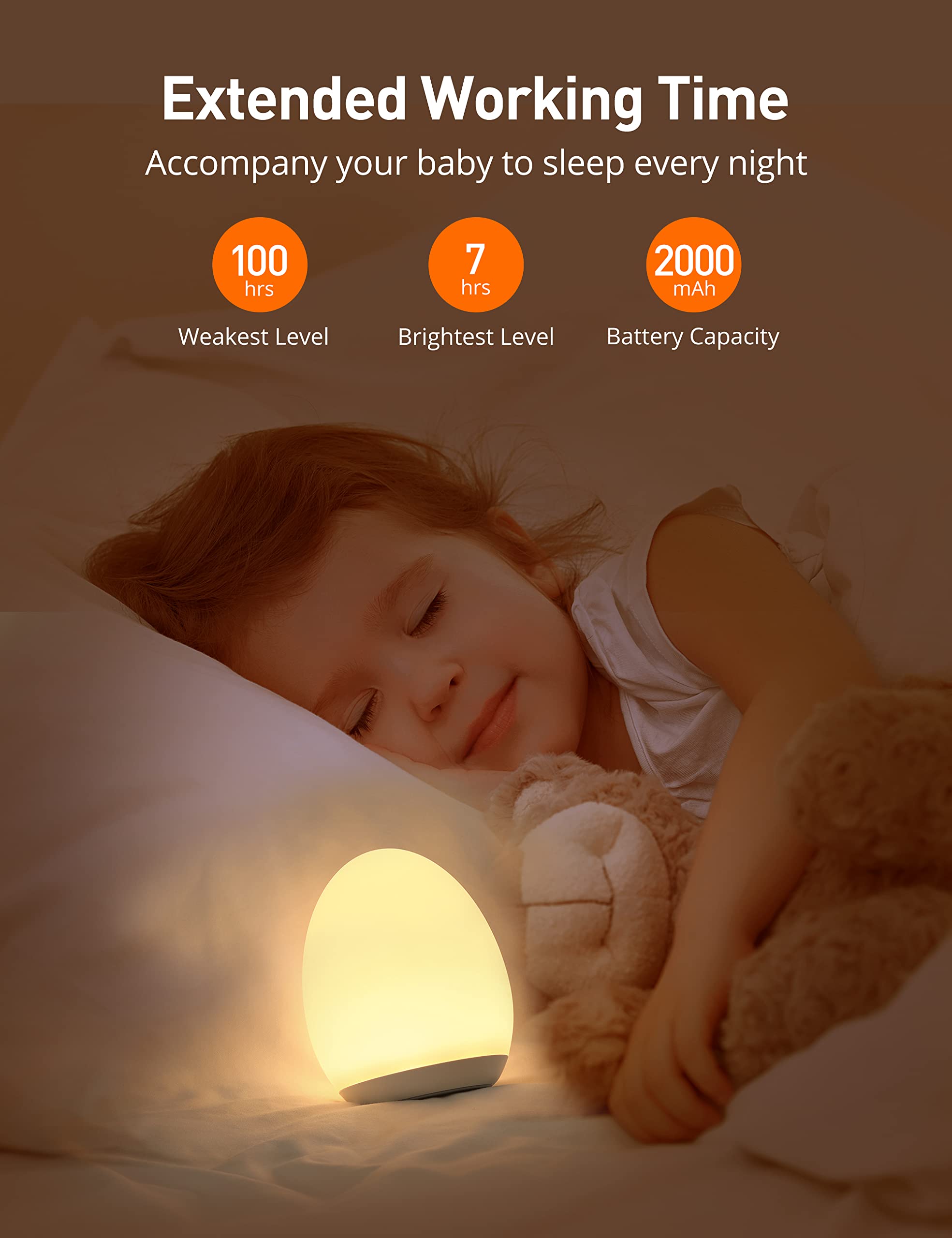 sympa Night Lights for Kids, 8 RGB Color Dimmable Night Light, Rechargeable Baby Egg Night Light with 1 Hour Timer & Touch Control, Portable Nursery Light for Breastfeeding, Up to 100H