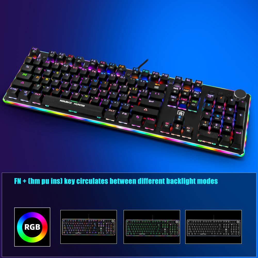 KOLMAX HUNTER Mechanical Gaming Keyboard RGB LED Backlit USB Wired Gaming Keyboard with Blue Switches for Windows Mac Gaming PC 100% Anti-Ghosting(104 Keys, Black)