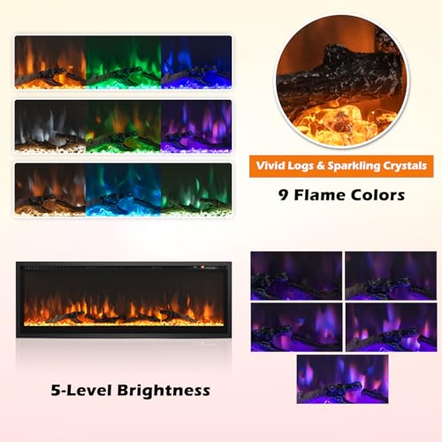 ORALNER Electric Fireplace Insert 50 Inch Wide, Recessed & Wall-Mounted Fireplace Heater with Thermostat, 9 Flame Colors & 5 Adjustable Brightness, Remote Control & 8H Timer, 750W/1500W (50 Inches)
