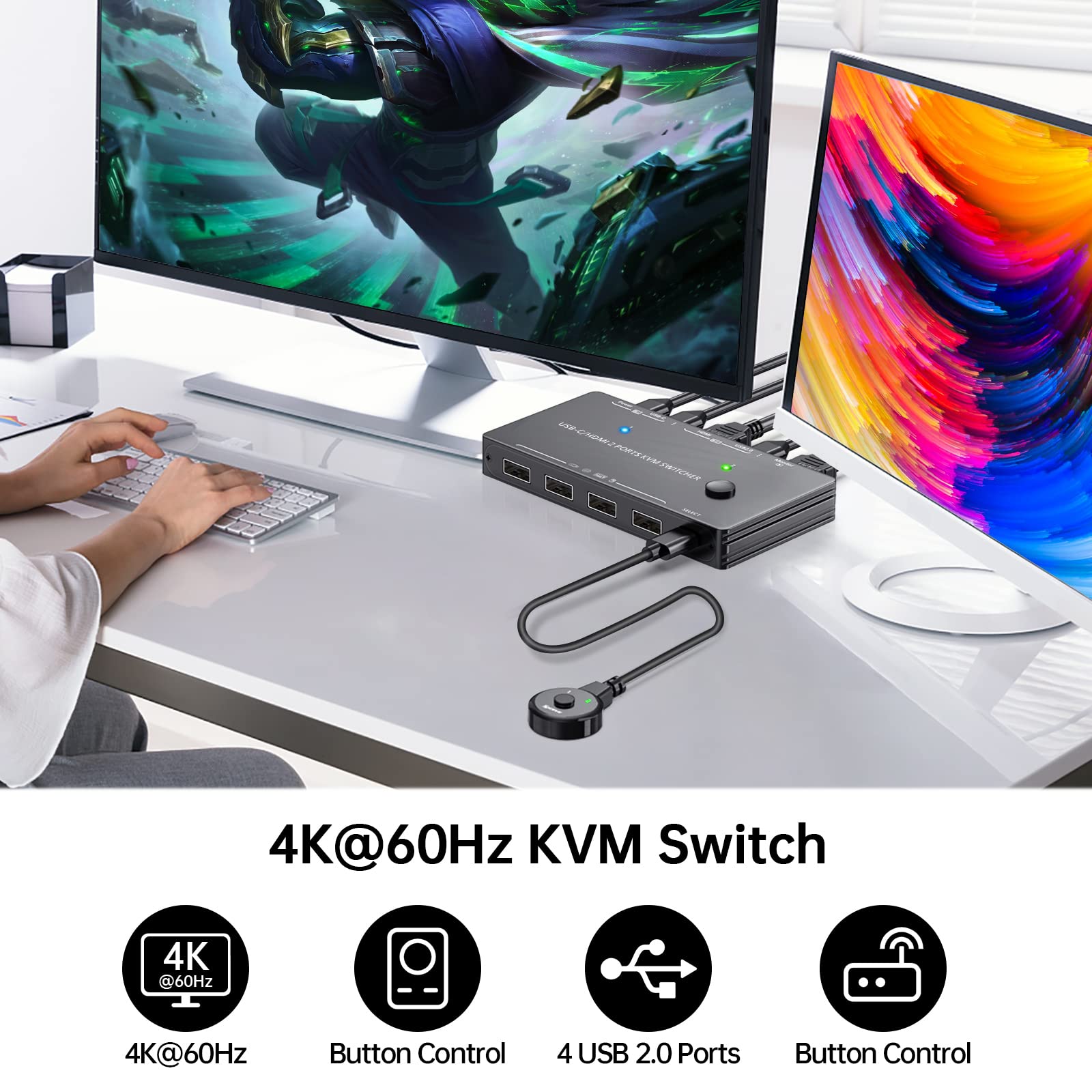 USB C+HDMI KVM Switch 4K@60Hz 2K@120Hz,Camgeet KVM Switch for 2 Computers Share 1 Monitor and 4 USB Devices,with 100 W Power Delivery,Wired Remote and 3 Cables Included