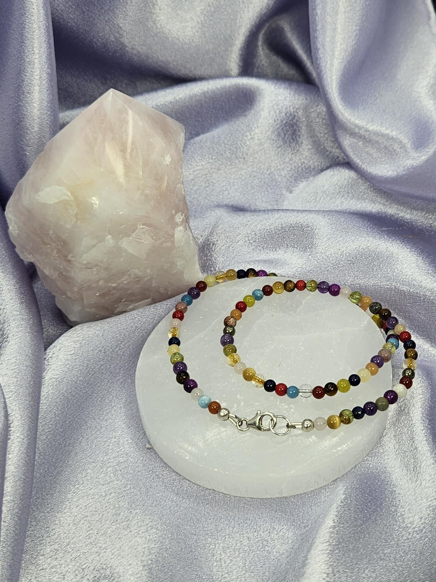 Rainbow Chakra Beaded Gemstone Necklace, Mixed Gemstone Choker, Real Gemstones, Crystal Beaded Choker Necklace, Layering Necklace, Gift for Her Blue 16 Inches