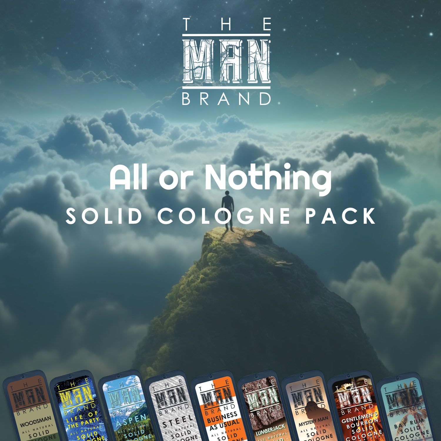 The Man Brand Solid Cologne Sample Set of 9 - Mens Sample Cologne Pack - Mens fragrance Sampler Set - Mens Travel Size Cologne Sampler Set (All or Nothing - 9 Pack - 0.75 oz each)
