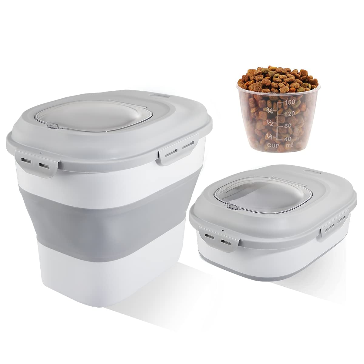 SUT Foldable Food Storage Container with Measuring Cup, Lid & Wheels, 15 Lbs Dog Cat Pet Food Storage Container, 30 Lbs Airtight Cereal Flour Rice Storage Container, Leakproof Sealable Dry Holder,Gray