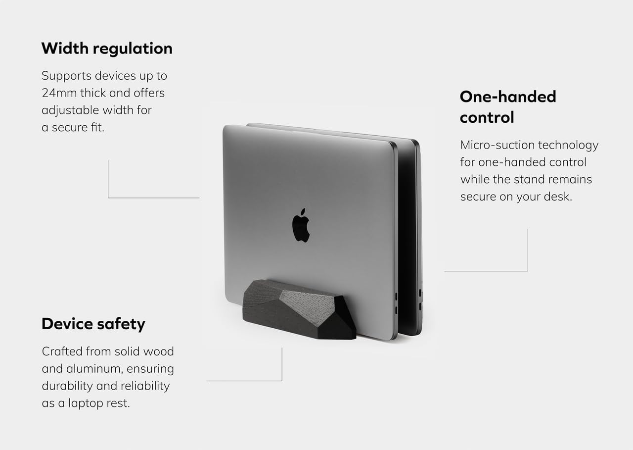 Oakywood Dual Laptop Vertical Stand, Natural Wood, Adjustable Dock, for Devices Up to 2 cm Thick, Compatible with All MacBook Pro Air iPad Surfaces, for Max. 2 Devices, Handmade, Black Stained Oak