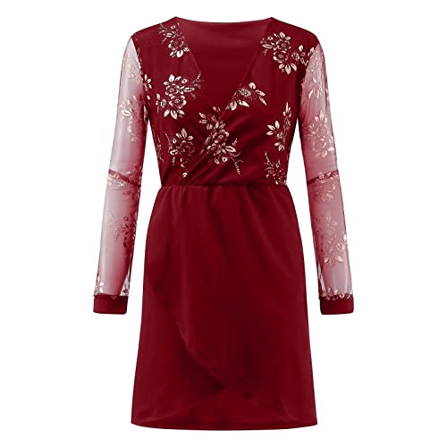 Pinkpaopao Bronzing Floral Printed Mesh Long Sleeve Evening Dress Deep V Neck Ruched Wrap Cross Midi Dress
