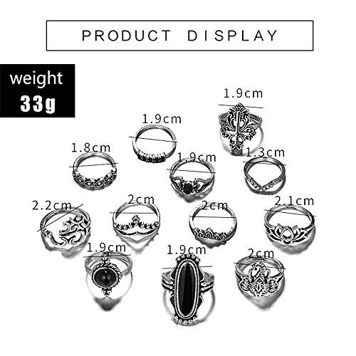 Missgrace Bohemian Vintage Silver Black Stone Knuckle Ring Set Vintage Carving Elephant Cross Boho Stackable Rings for Women 12Pcs (Style 1)
