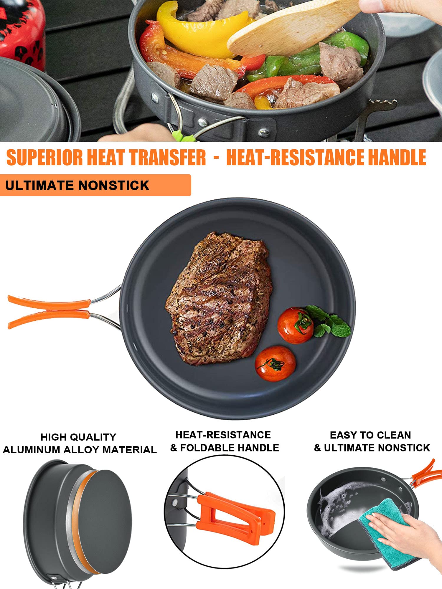 Outdoor Ultralight Camping Cookware Mess Kit with 1.1L Kettle, Pot, Pan, 2 Plates, 2 Foldable Cups, 2 Fork Spoon Kits, Chopping Board, Camping Cooking Set for Outdoor Backpacking Hiking Picnic Fishing