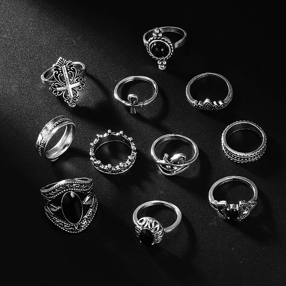 Missgrace Bohemian Retro Vintage Crystal Knuckle Ring Sets Simple Finger Black Stone Rings Midi Ring Set for Women 11Pcs (Style 5)