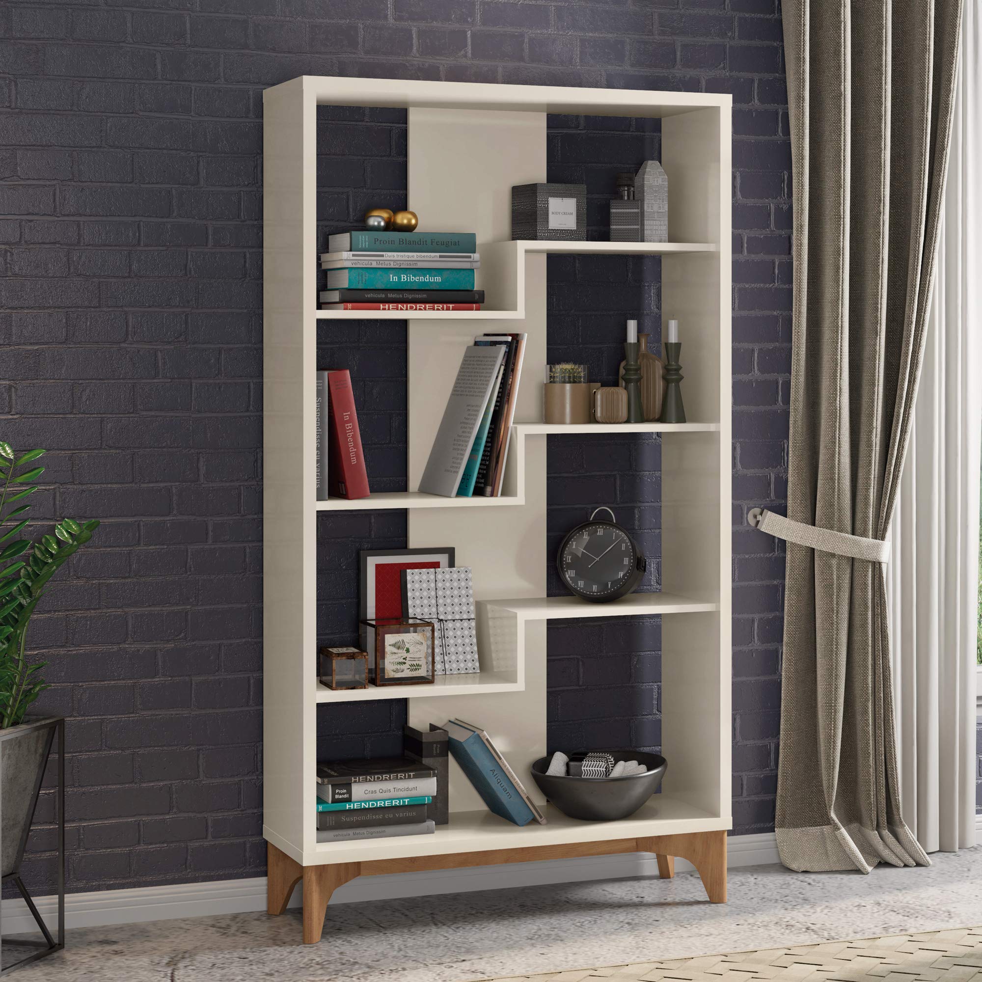 Manhattan Comfort Gowanus Modern Home Office 4 Shelves Geometric Bookcase, 35.43", Off White