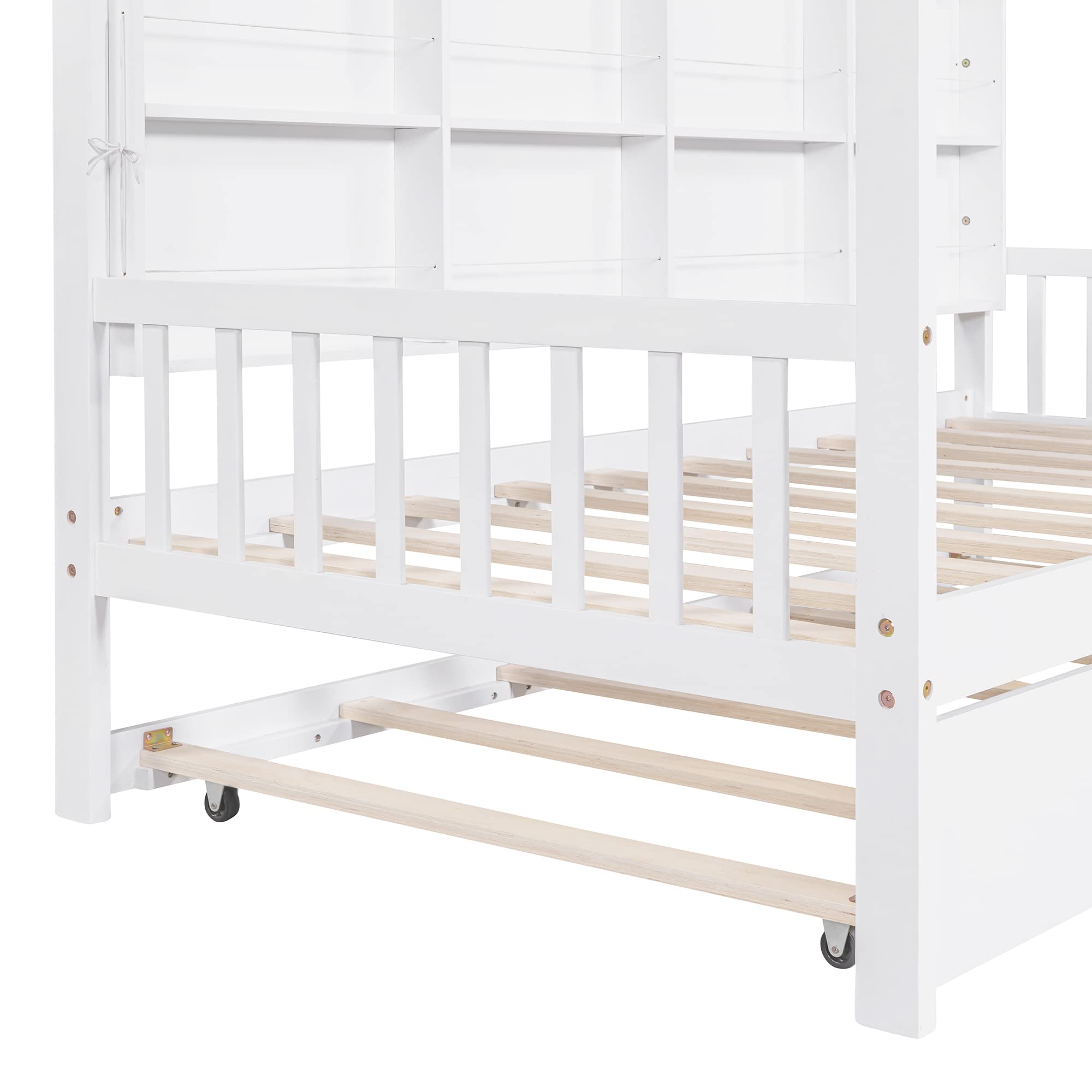 Merax Wood Twin Montessori Daybed with Trundle and Book Shelf, Low Sofa Day Bed for Boys Girls,No Box Spring Needed White