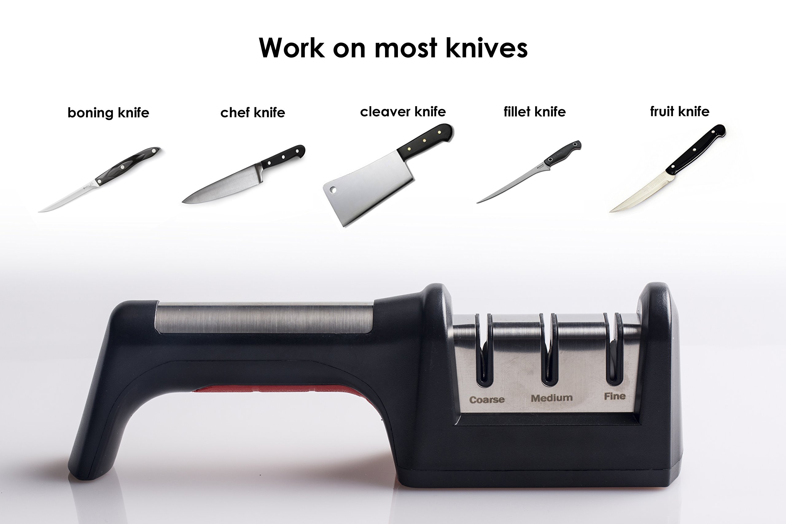 LOCKAY Knife Sharpener for Straight and Serrated Knives - 3 Stage Ceramic & Diamond Sharpening System, Black&Red