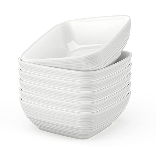 MEKY Cereal Bowls, Porcelain 20 Ounce Square Embossed Salad Bowls Set of 6, Ceramic 5.9 Inch Bowls for Soup, Snack, Dessert and Marmalade, Serving Bowls Set, Dishwasher & Microwave Safe - White