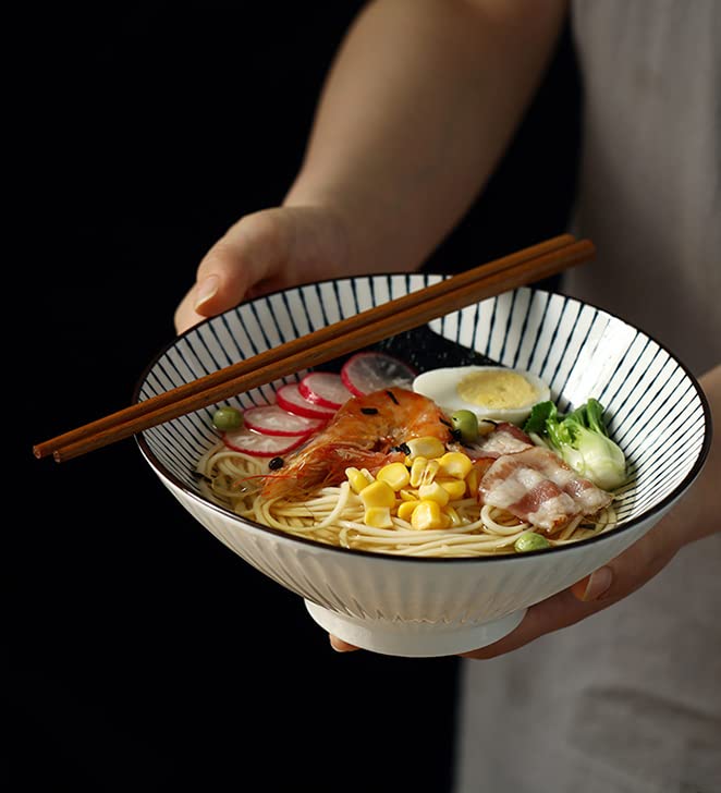 QINLANG 38 oz Japanese Ramen Bowls, Cereal Bowls, Soup Bowls, Pho Bowls, Noodle Bowls, Blue and White Ceramic Bowls Set of 4, 8 inches