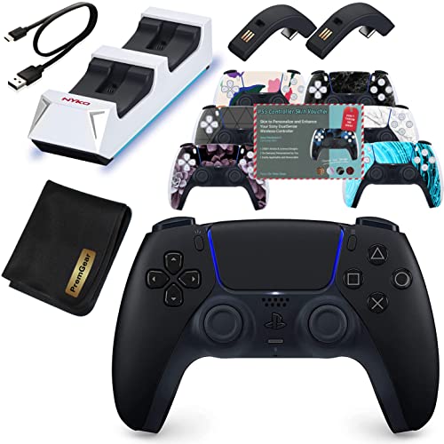 Midnight Black Sony DualSense Wireless PS5 Controller for PlayStation 5, Bundle with Dual Port Charging Dock, Controller Skin Voucher & PremGear Cloth