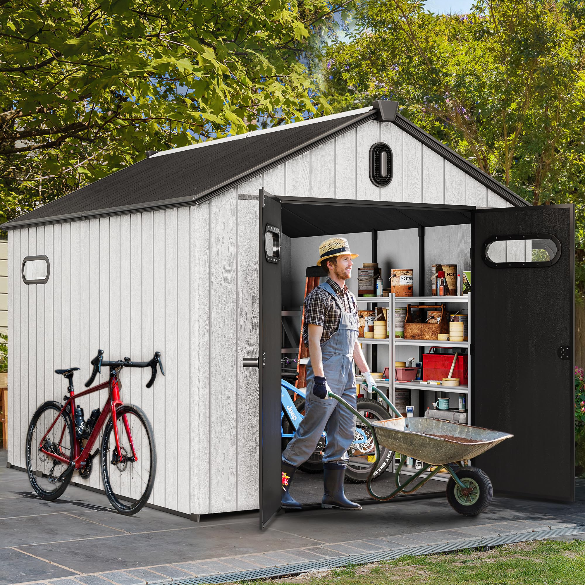 YITAHOME 8x10ft Resin Storage Structure, Outdoor 544 cuft Plastic Garden Storage Unit with Windows, Vents and Lockable Entrance, Waterproof Tool Organizer with Flooring for Lawn Equipment