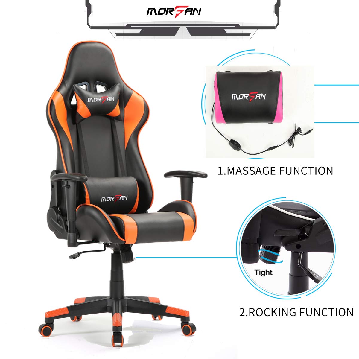 Morfan Gaming Chair New Size with Massage and Rocking Function Computer Office Racing Chair (Orange)