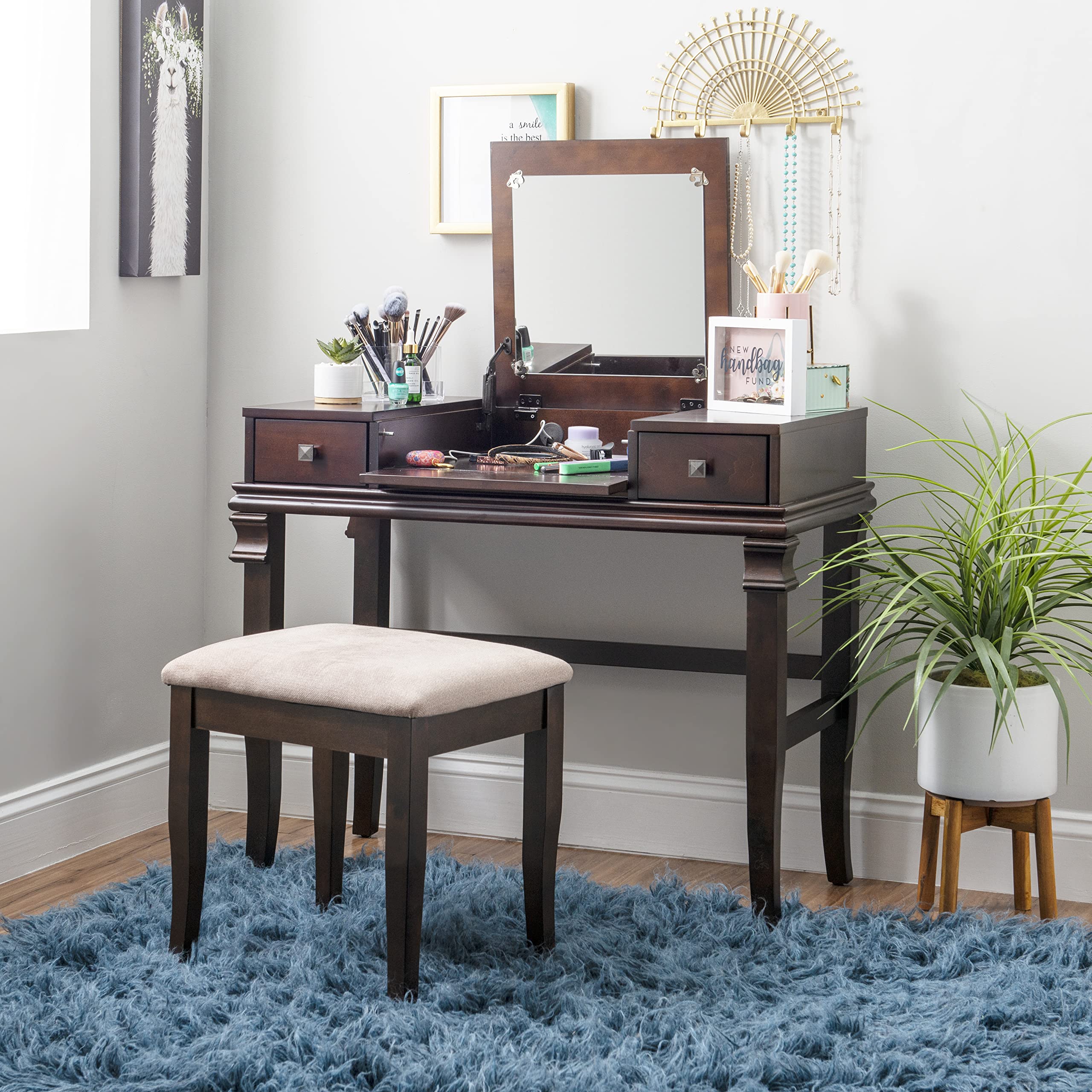 Linon Angela Walnut Vanity Set,30" x 36" x 18"