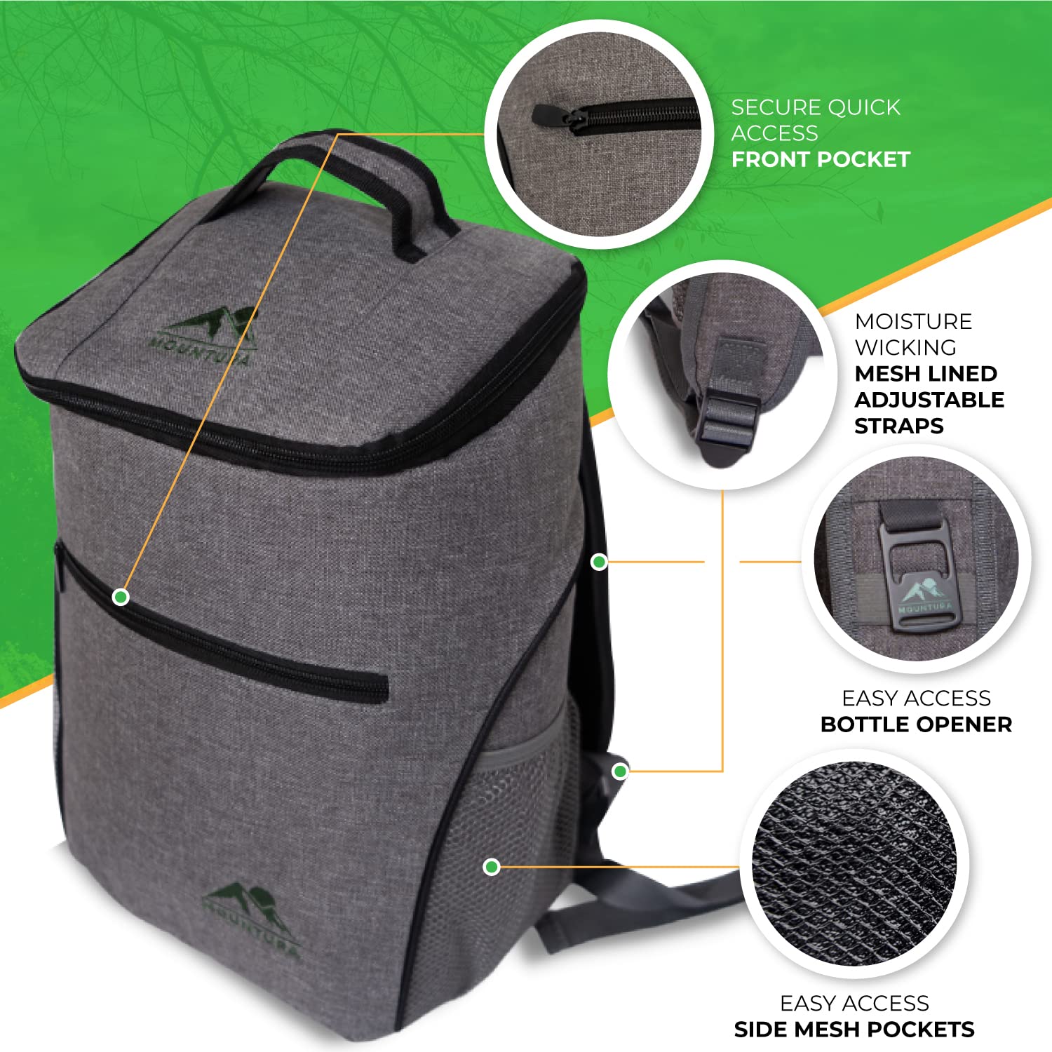 Mountura Lightweight Grey Insulated Backpack, Leak-Proof Backpack with Cooler for Hiking, Work, Picnics, Camping, Beach and Day Trips, 22-Can Carry Capacity, Medium