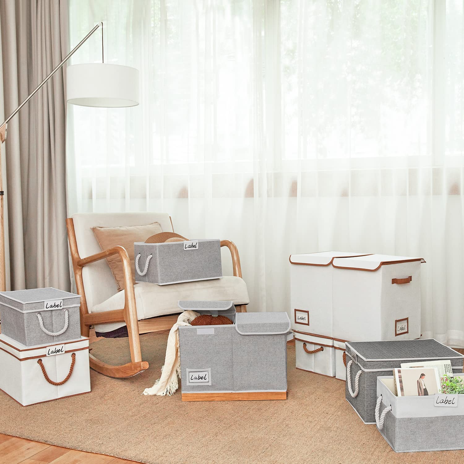LoforHoney Home Bundle-Storage Bins with Lids Beige XLarge 4-Pack, Storage Bins with Cotton Rope Handles Beige Large 4-Pack