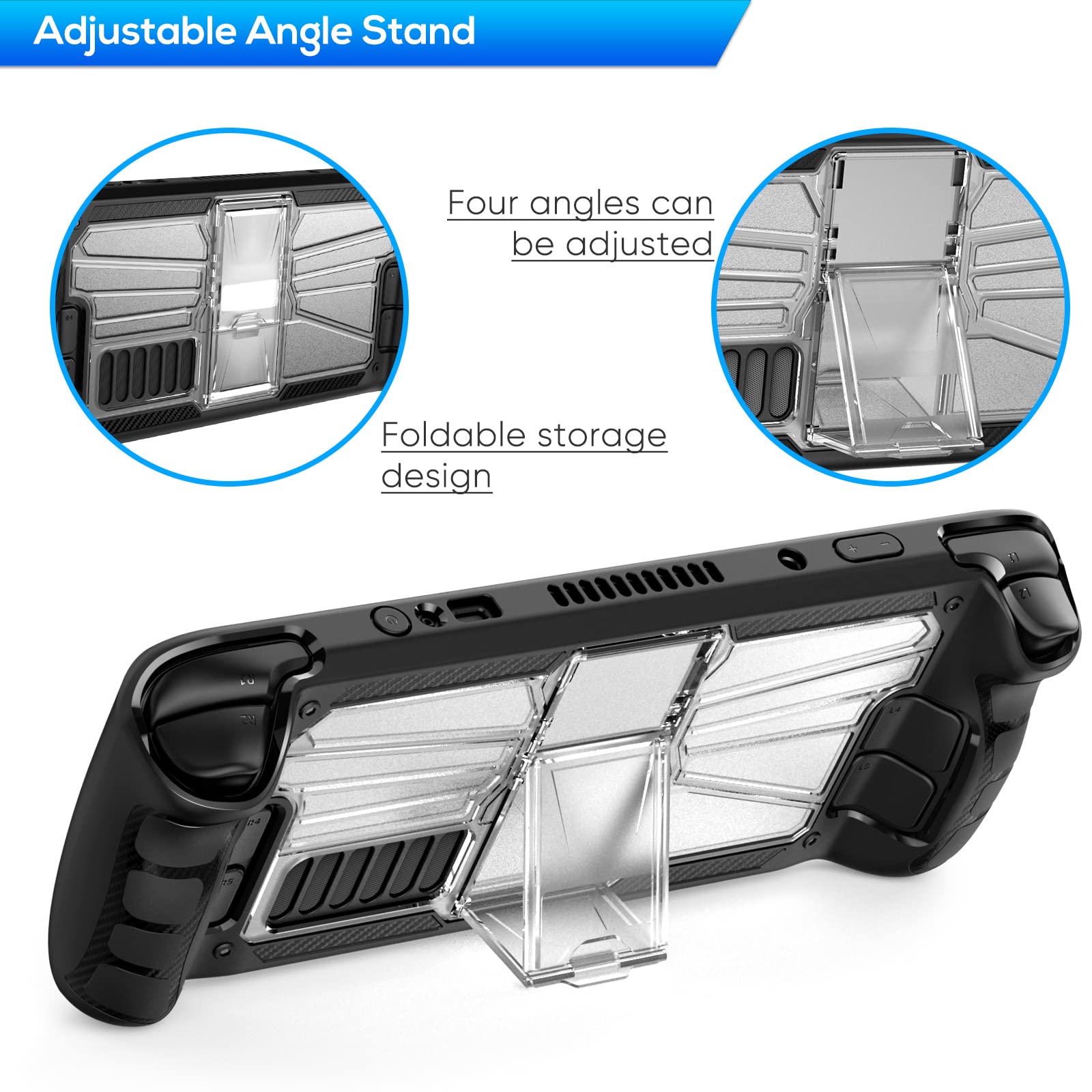 Protective Case with Stand for Steam Deck, GORIXER TPU+ PC Protective Cover Accessories with Kickstand & Screen Protector& Thumb Grips, Full Protection, Non-Slip, Anti-Collision for Steam Deck - Black