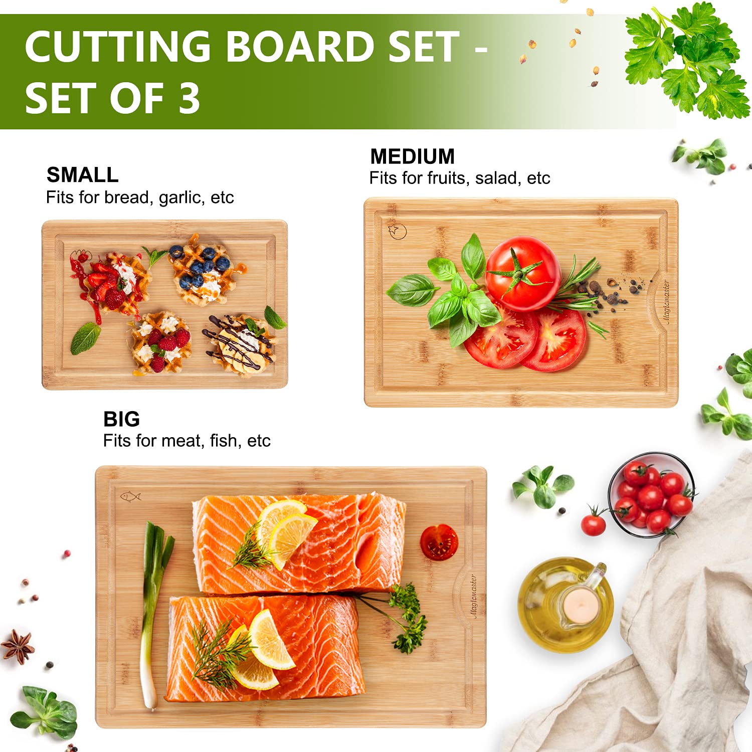 Magicmaster Bamboo Cutting Board, 3 Pcs Wood Cutting Boards for Kitchen, Wood Cutting Board Set with Juice Groove, Chopping Board for Meat Fruits Cheese and Vegetables