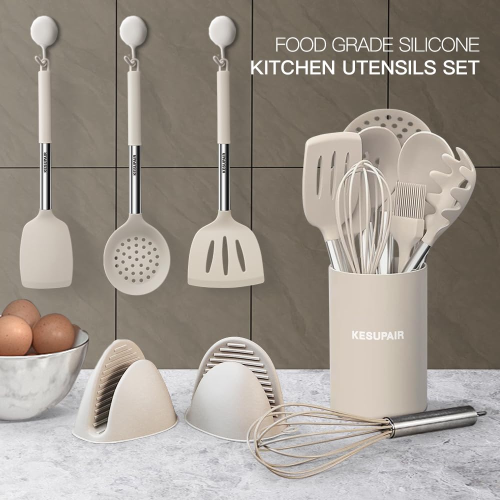 KESUPAIR Silicone Kitchen Utensils Set, 20 pcs Cooking Utensils Set-Cooking Utensil - Kitchen Gadgets and Tools with Holder-Stainless Steel Kitchen Utensil with Grater,Turner,Tongs (Khaki)
