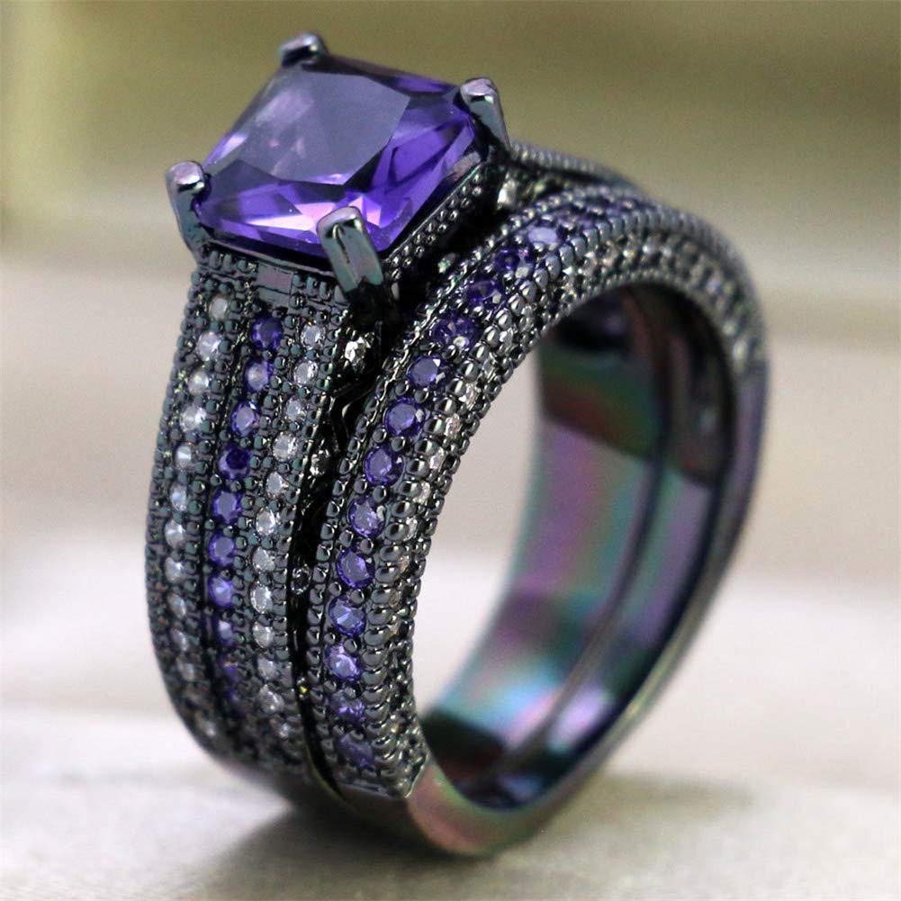 LOVERSRING Two Rings His and Hers Couple Ring Bridal Set His Hers 3pc Women Black Gold Plated Violet Cz Man Titanium Wedding Ring Band Set