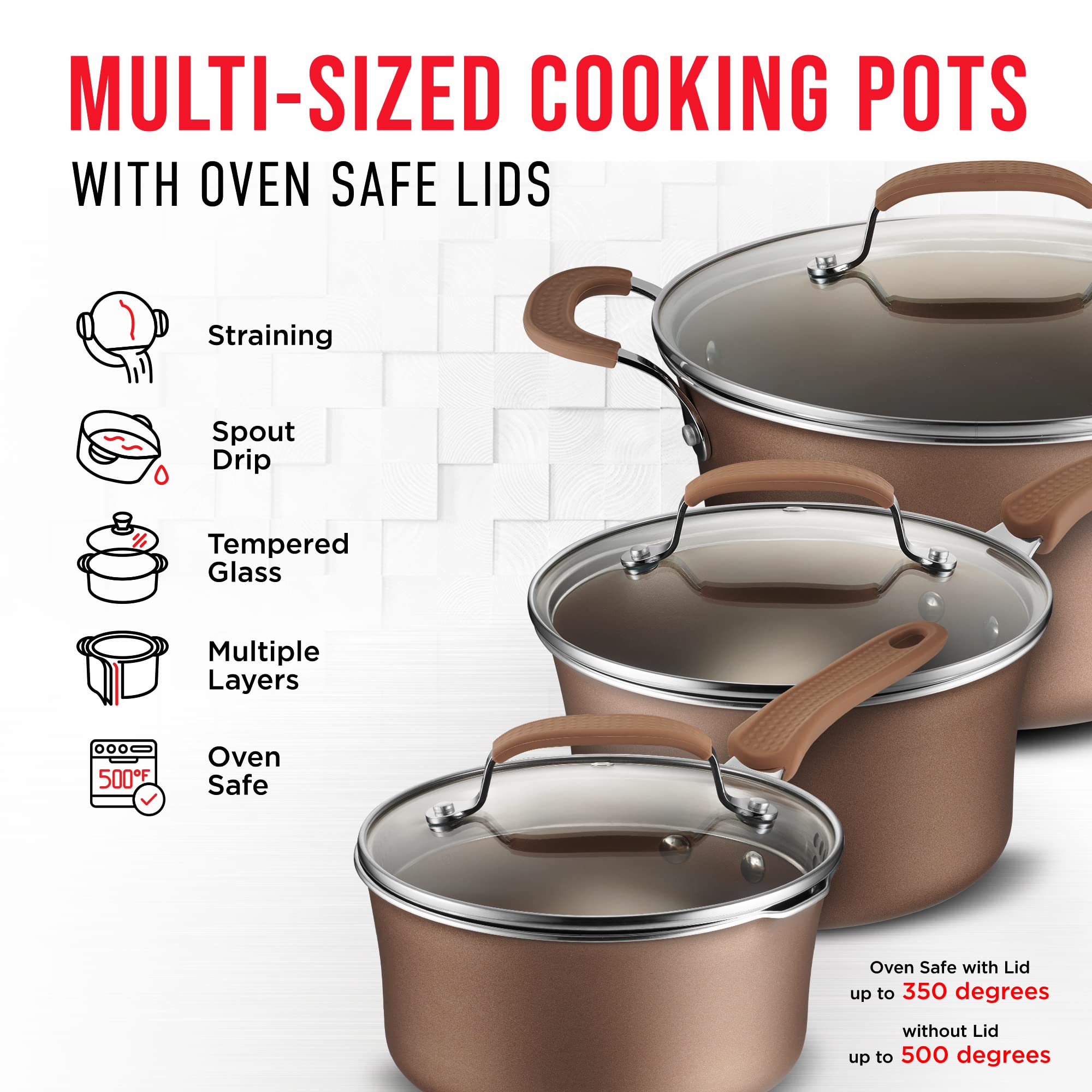 Pots and Pans Set – 14 Piece – Non-Stick Professional Home Kitchenware – Cooking Pots with Lids – Skillet Fry Pans – Suitable for Gas, Electric, Ceramic and Induction Counter Cooktops - Golden