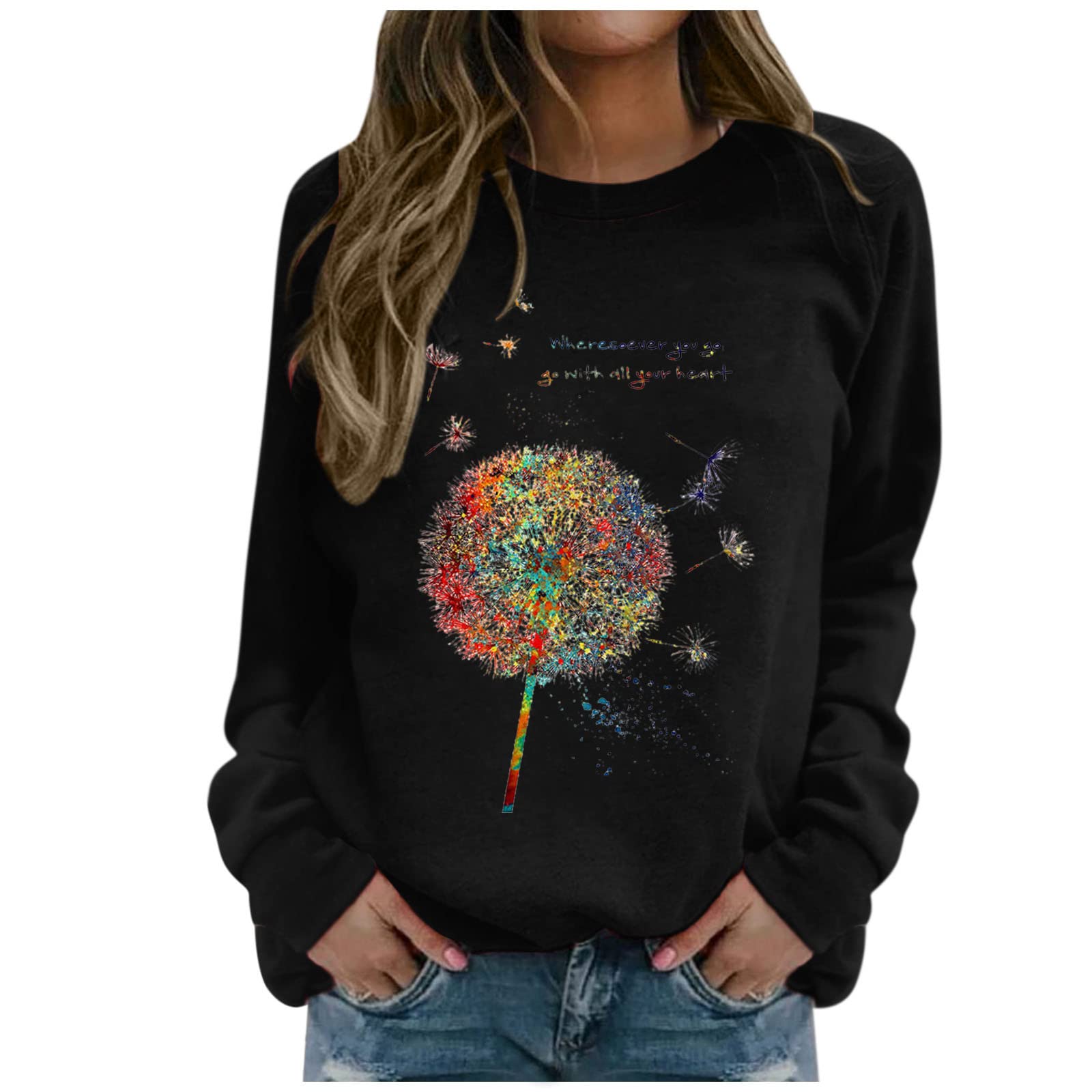 Tops For Women Work Casual Cute Elk Pattern Blouse Large Size Slouchy Sweatshirt Drop Shoulder Pullover Baseball T-Shirt Black