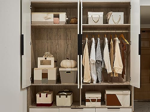 LoforHoney Home Trapezoid Fabric Storage Bins with Lids for Organizing, Foldable Storage Boxes with Lids for Shelves, Closet Storage Bins, Light Gray & Beige, 2-Pack