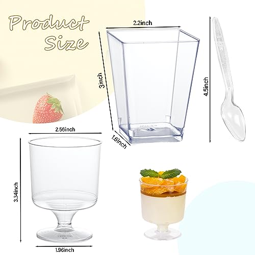 mwellewm 300 Packs Dessert Cups with Spoons, 5 OZ Mini Clear Plastic Dessert Parfait Cup for Party, Square Dessert Shot Glasse Round Goblet Small Reusable Fruit Ice Cream Pudding Appetizer Cup Bowls