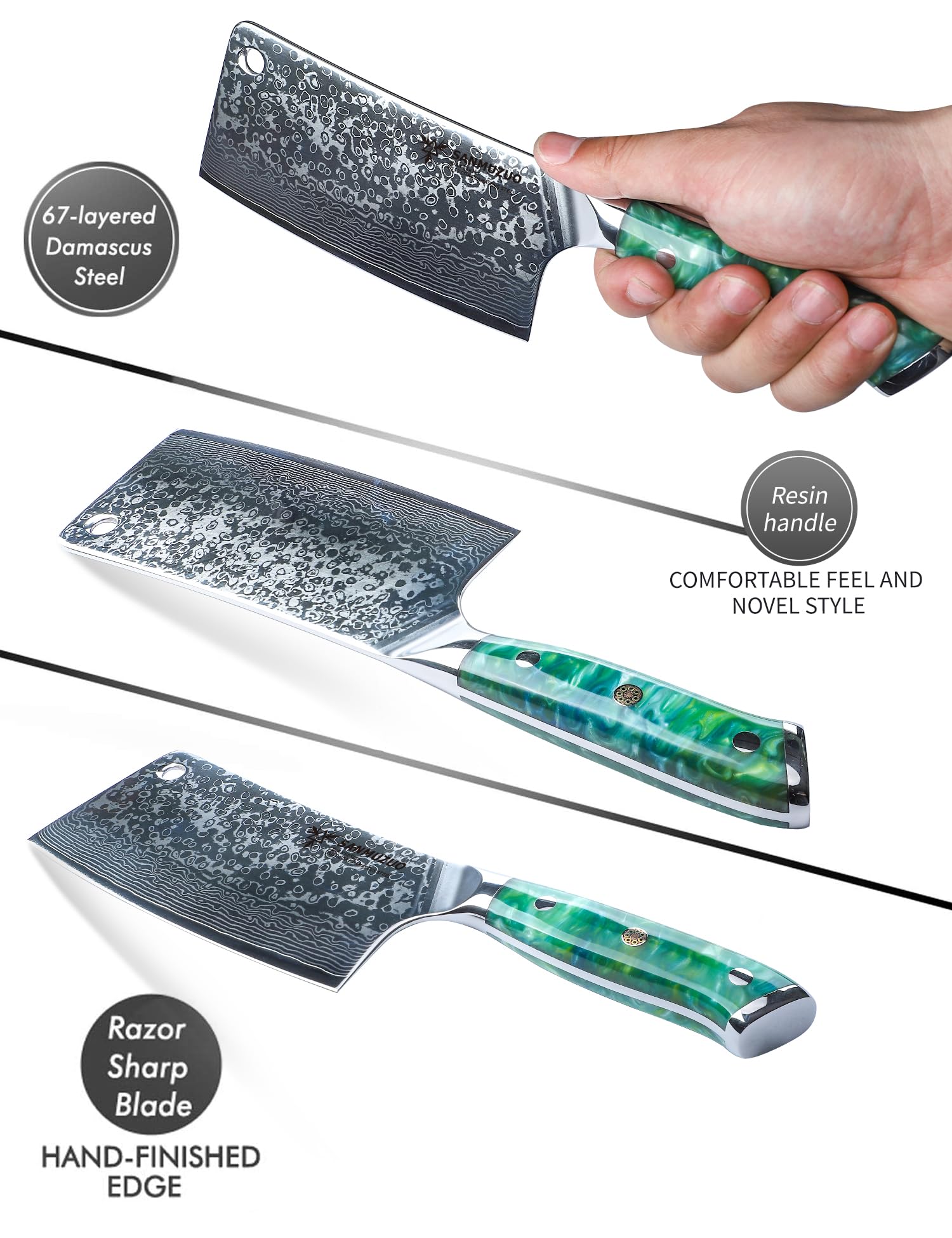SANMUZUO Chopping Knife - 7 inch Cleaver Knife- Xuan Series - VG10 Damascus Steel Kitchen Knife - Resin Handle (Jade Green)