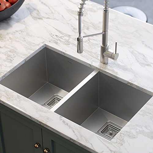 KRAUS Pax 31 1/2-inch 16 Gauge Undermount 50/50 Double Bowl Stainless Steel Kitchen Sink, KHU322