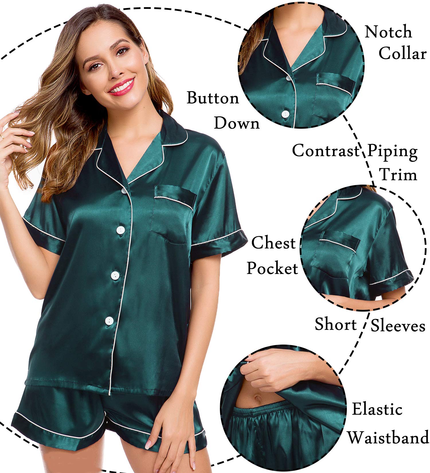 LecGee Womens Silk Satin Pajamas Short Sleeve Loungewear Two-Piece Sleepwear Button-Down Pj Set