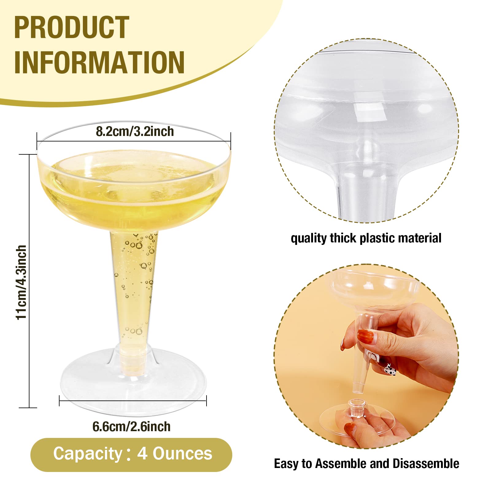 mwellewm 50 Pack Plastic Cocktail Glasses, 4 Oz Clear Disposable Champagne Flutes Margarita Glasses, Stemmed Stackable Shatterproof Dessert Cups Plastic Wine Glasses for Wedding, Celebration (Clear)