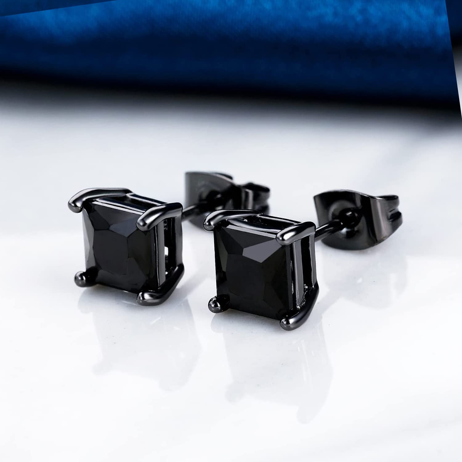 Pack of Earrings Black Cubic Zirconia Stud Set Black Gold Plated Hypoallergenic for Sensitive Ears Post Percing Ear Stud Princess Cut Round CZ