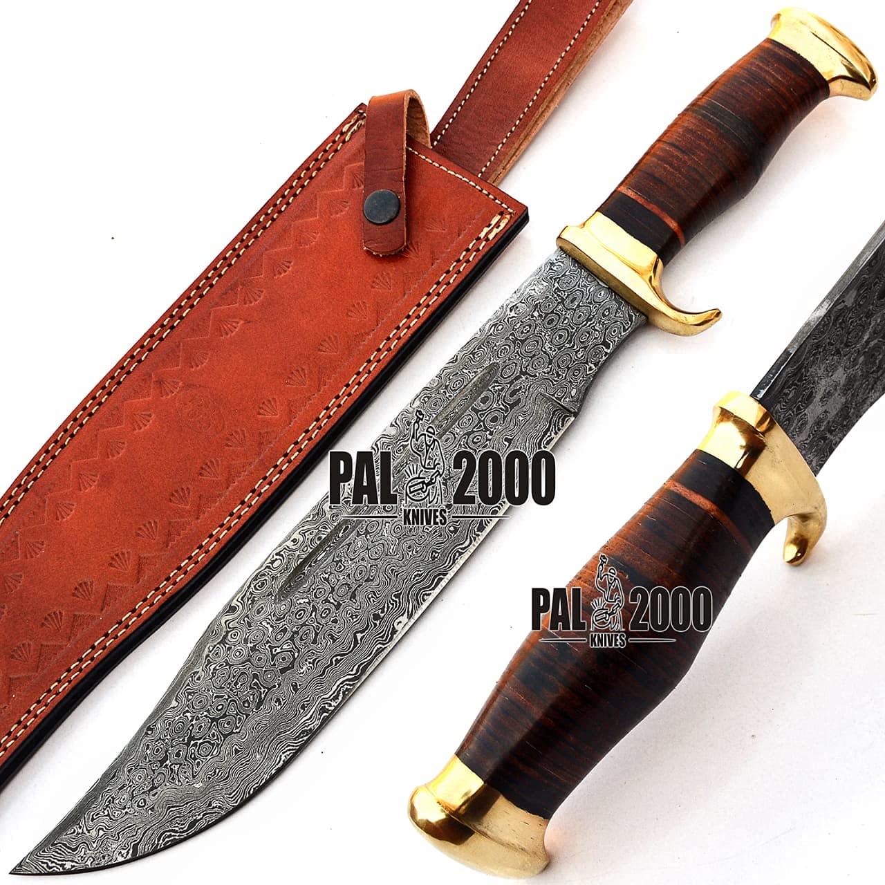 PAL 2000 KNIVES Handmade Damascus Steel Knife With Leather Sheath 18 Inch Knife Custom Knife Stack Leather Handle Snra 9610