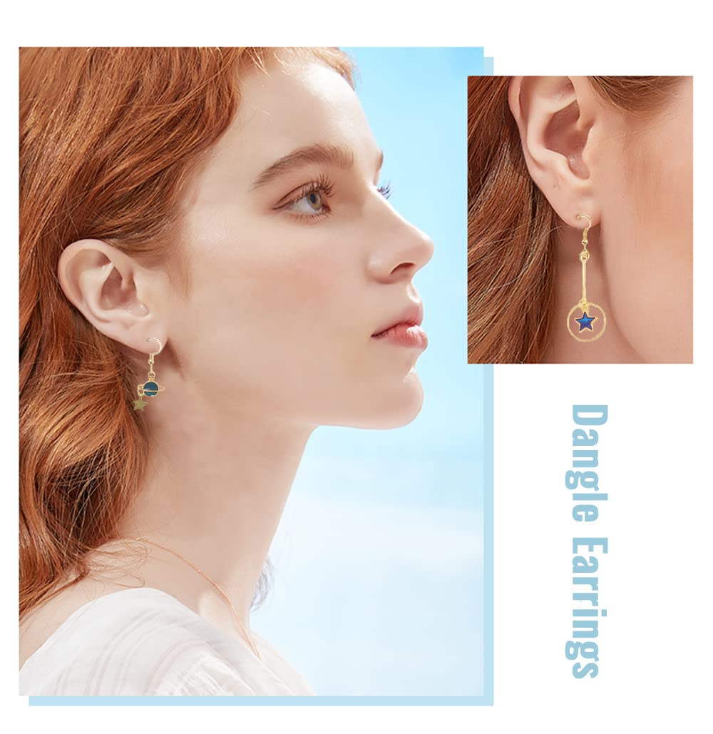 MOZAKA 18 Pairs Moon Star Dangle Earrings for Women Space Earth Planet Asymmetrical Drop Earring Set Butterfly Astronaut Spaceman Stud Earrings Jewelry Gift