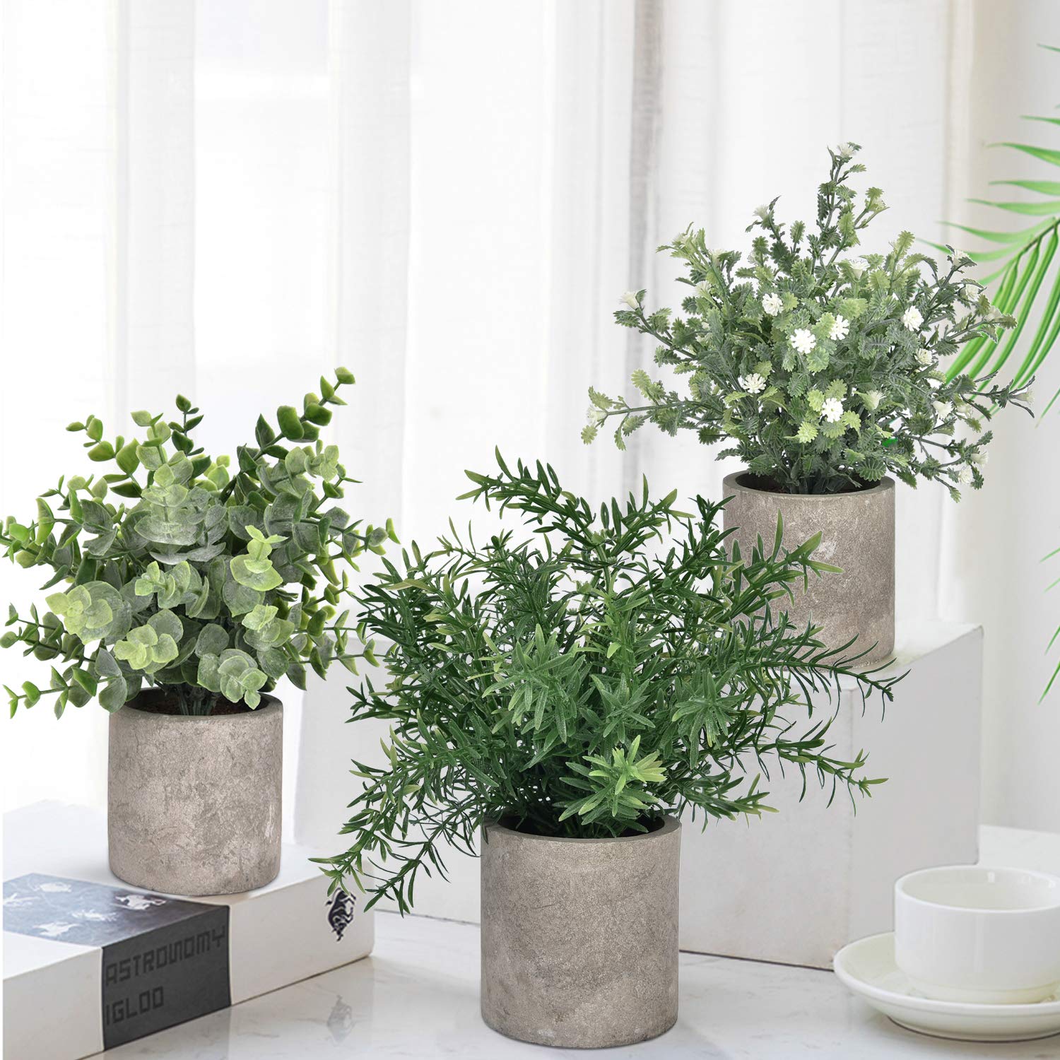 MARTINE MALL Fake Eucalyptus Pot Artificial Eucalyptus Plants with Vase 3 Pack Mini Fake Eucalyptus Plants for Indoor House Office Restaurant or Outdoor Garden Wedding Decorations 9.4in Tall
