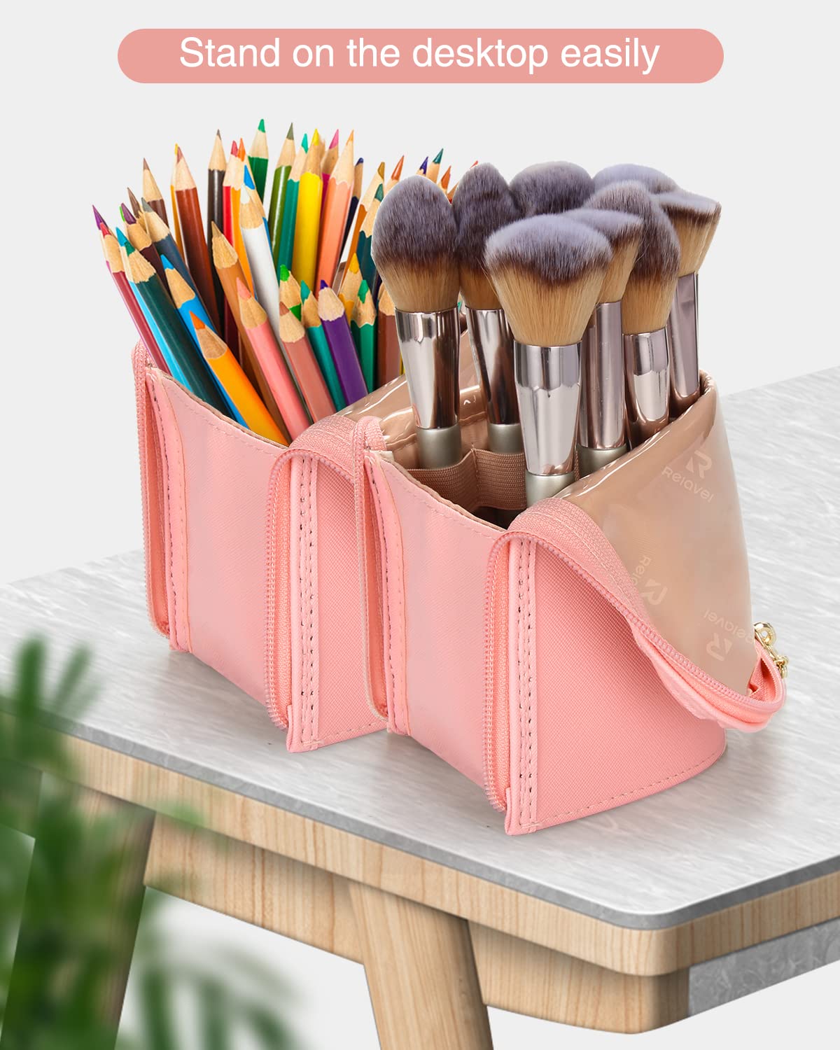 Makeup Brush Case Makeup Brush Holder Travel Professional Cosmetic Bag Artist Storage Bag Stand-up Foldable Makeup Cup (Pink, a-Large)
