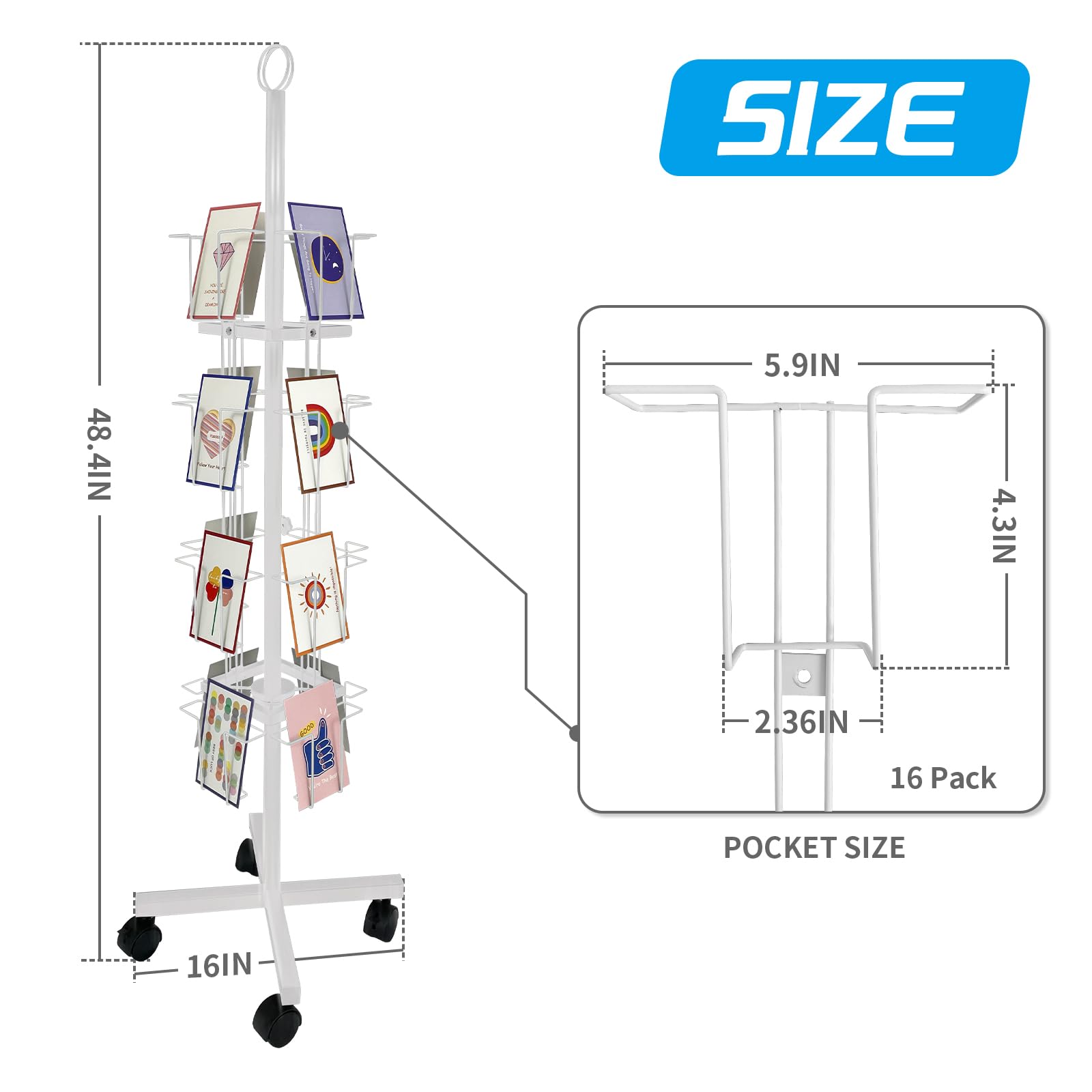 Tongmo Greeting Card Rack: Enhance Your Display with a 16-Pocket Rotating Countertop Solution for Postcards, Brochures, and Greeting Cards (White, 48”H - 16 Pockets)