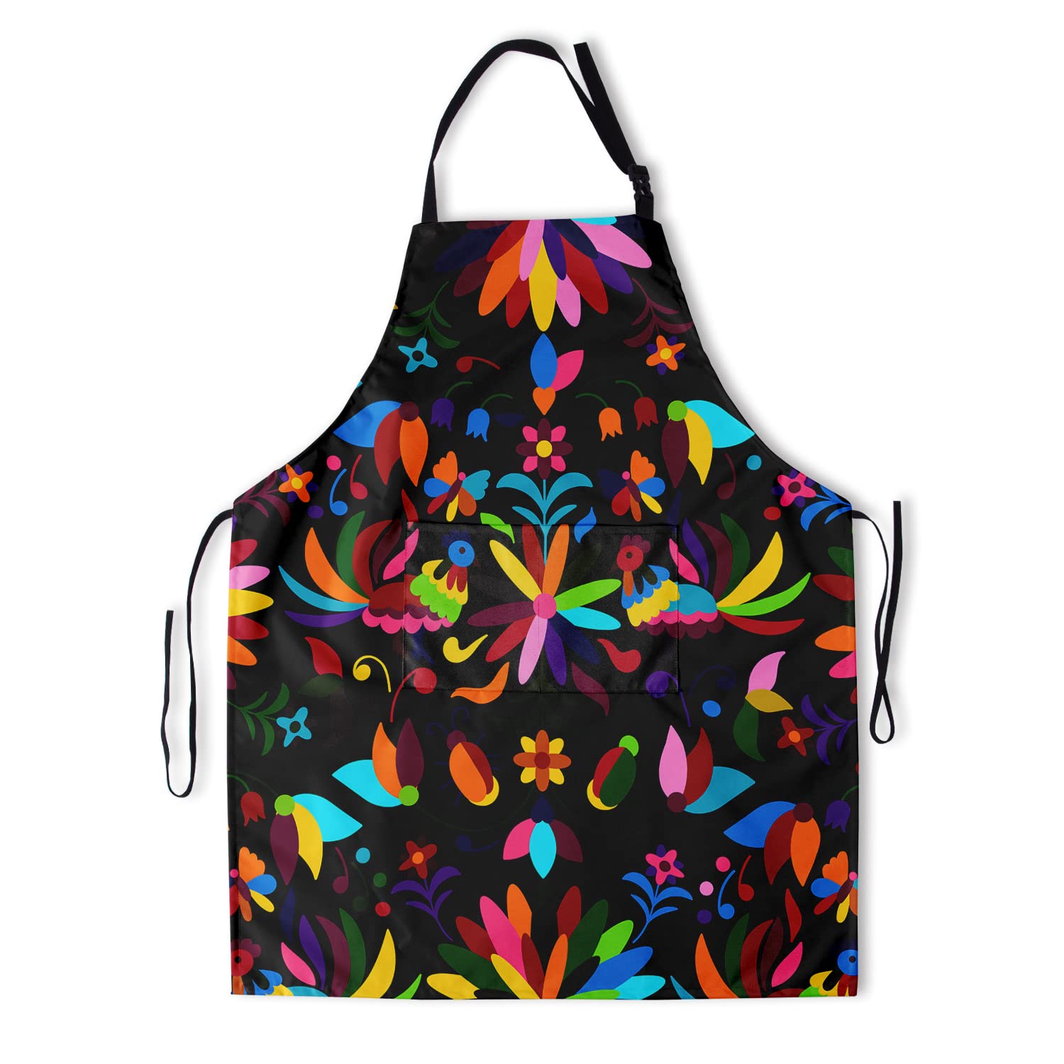 Sweetshow Mexican Apron with 2 Pockets and Adjustable Neck, Traditional Texture Abstract Colorful Vibrant Floral Bird Pattern Rainbow Decorative Flower Aprons for Women Men Adults