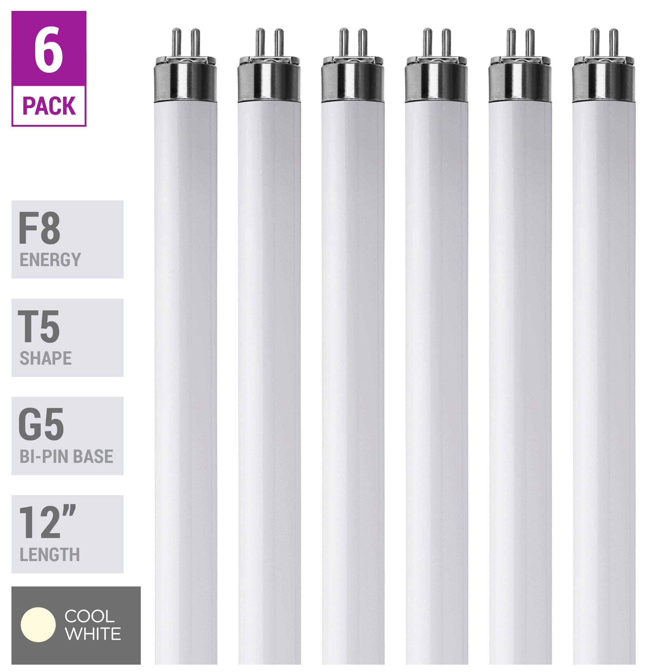 KOR (Pack of 6) F8T5/CW - T5 Fluorescent 4100K Cool White - 8 Watt - 12" Super Long Life Light Bulbs