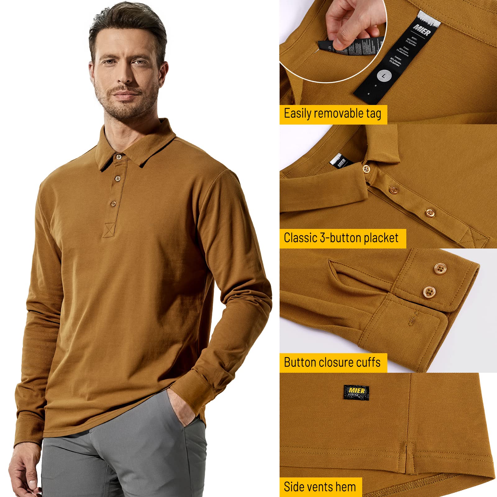 MIER Mens Cotton Polo Shirts Long Sleeve Collared Shirts Regular Fit Golf Polo, Three Button, Brown, L