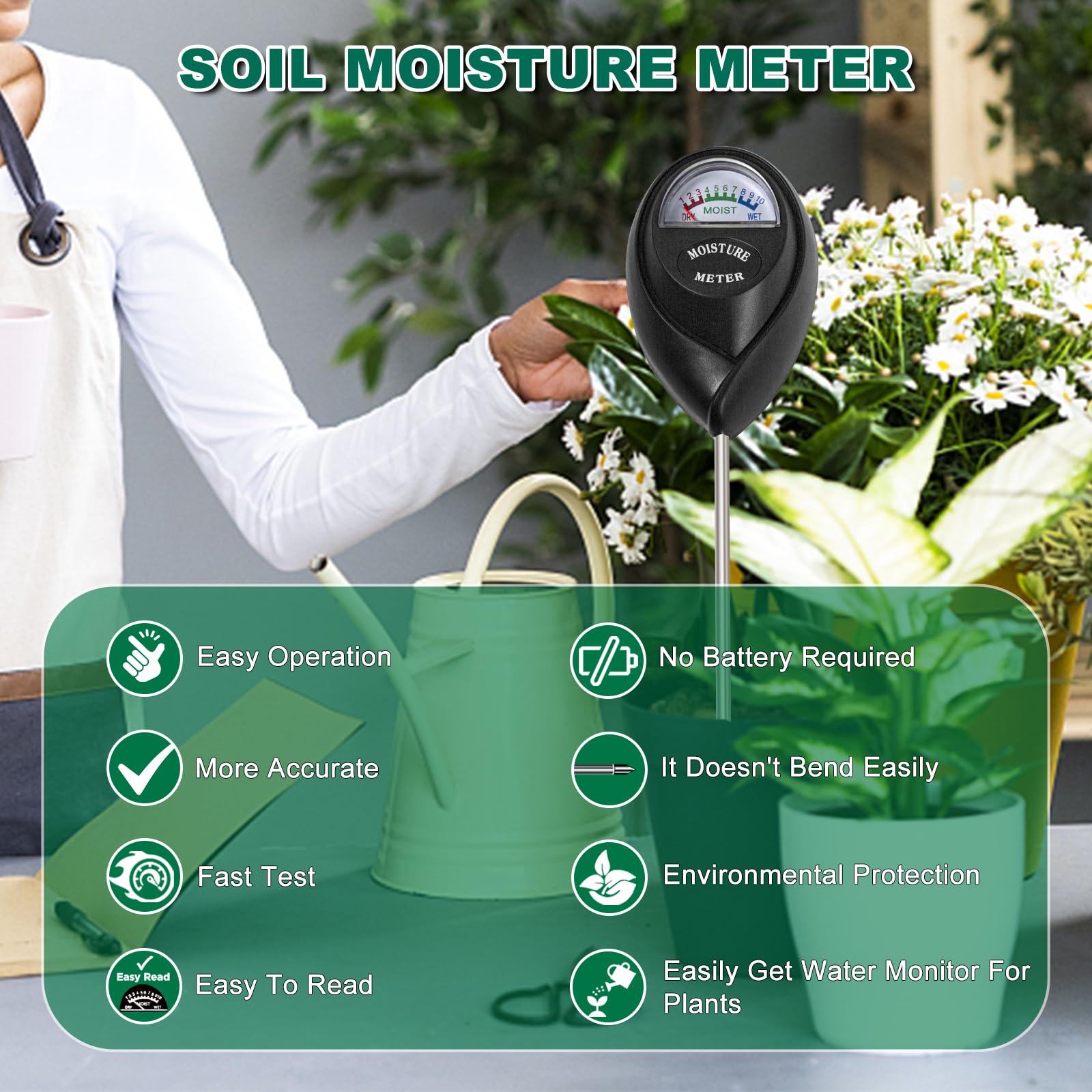 SZHLUX Soil Moisture Meter, Soil Hygrometer Sensor for Plant Care, Great for Potted Plants, Gardening, Lawn (No Battery Needed) 10.23inch, Black