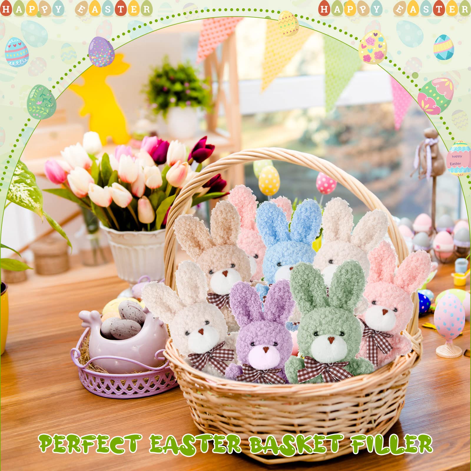 Sanwuta 24 Pcs Bunnies Plush Animal Keychain Mini Rabbit Stuffed, Bunny Plush Bunny Stuffed Animal for Easter Eggs Filler Baskets Filler Easter Party Supplies Decorations