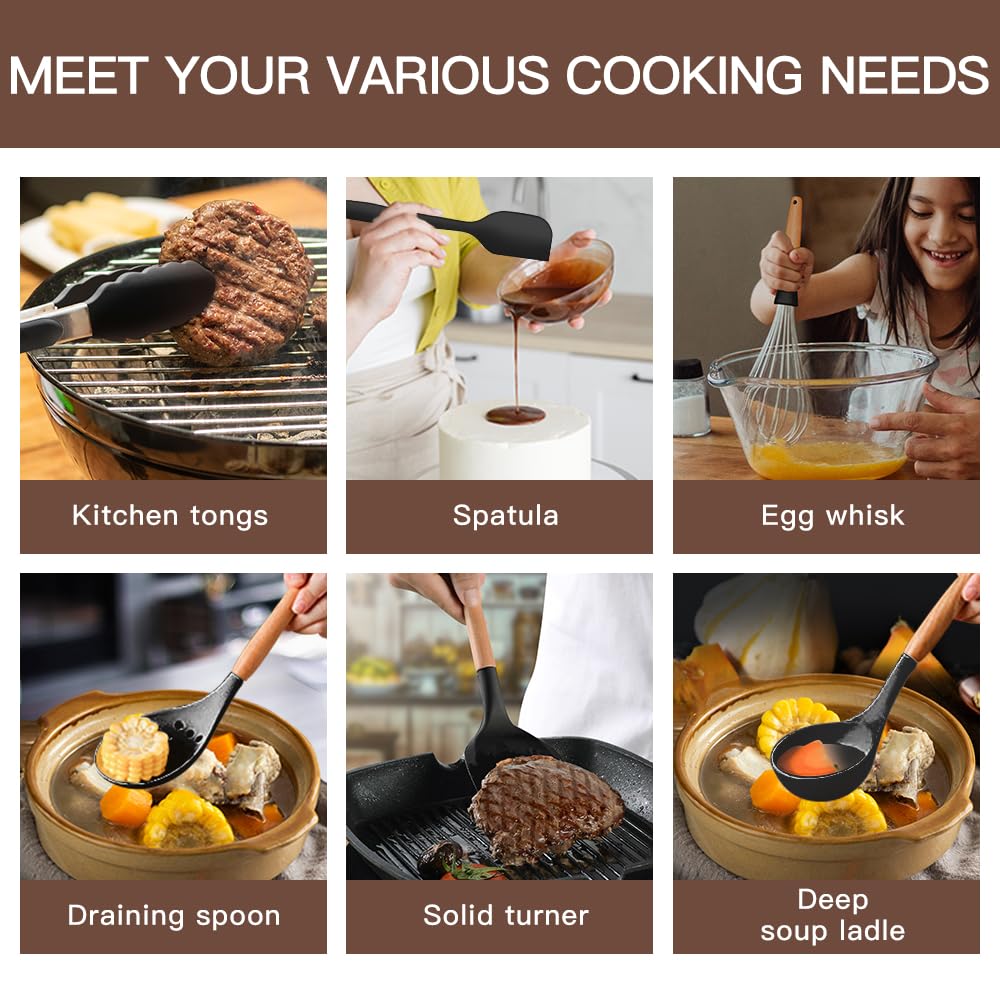 Kitchen Cooking Utensils Set, 14 Non-Stick Silicone Cooking Kitchen Utensils Spatula Set with Holder, Wooden Handle Silicone Kitchen Gadgets Utensil Set for Nonstick Cookware(Black)