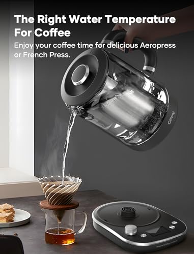 Offacy Electric Tea Kettle, 1.6L 1200W Fast Heating 9 Smart Presets with Removable Infuser Temperature Control 2H Keep Warm, BPA-Free Glass Teapot for Coffee, Boil-dry Protect, Easy to Clean, Black